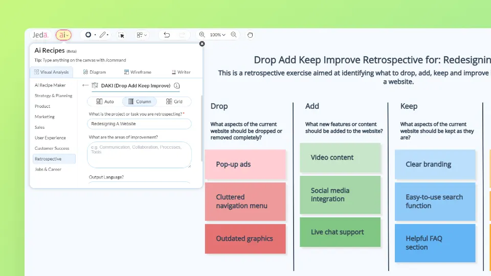 Generate DAKI Retrospective with AI on Jeda.ai's Generative AI Canvas